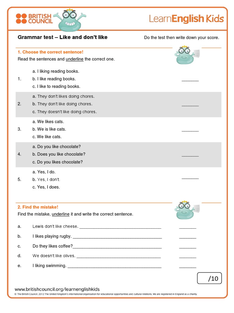 Grammar Test Like and Dont Like Final | PDF | Language Arts & Discipline