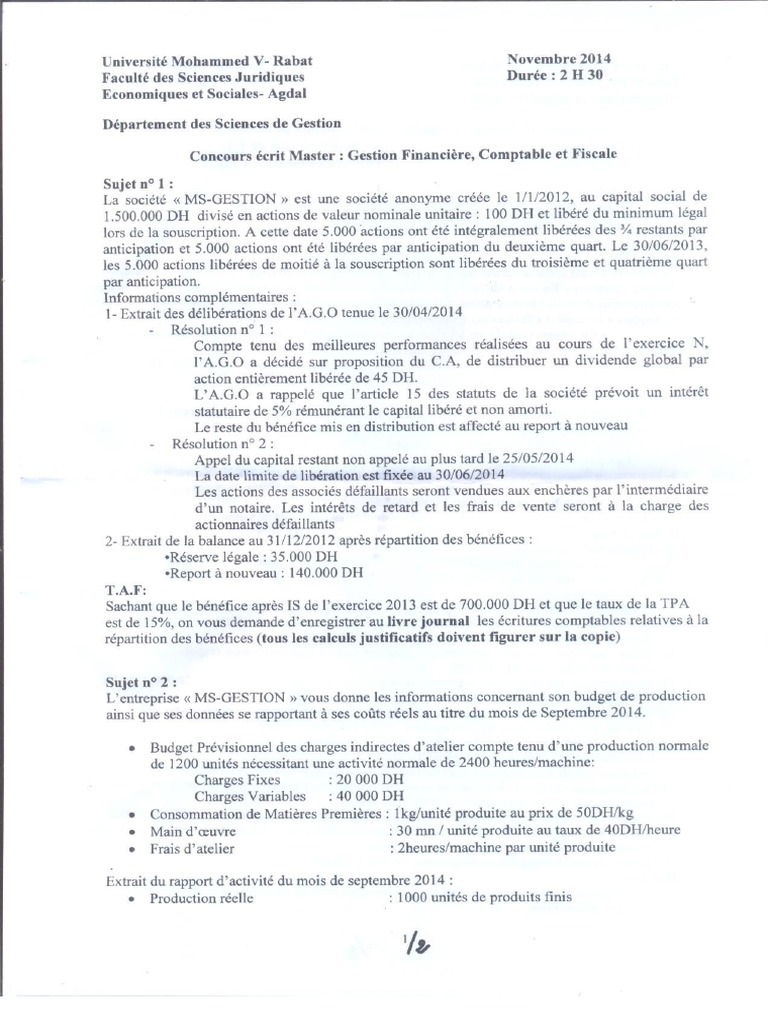 Concours 2 Master GFCF - Fsjes Agdal | PDF