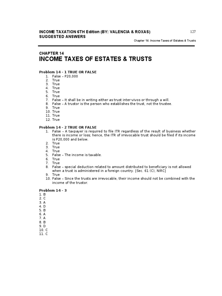 Income Taxation Valencia Roxas Tax Chapter 14: Income Taxes of Estates ...