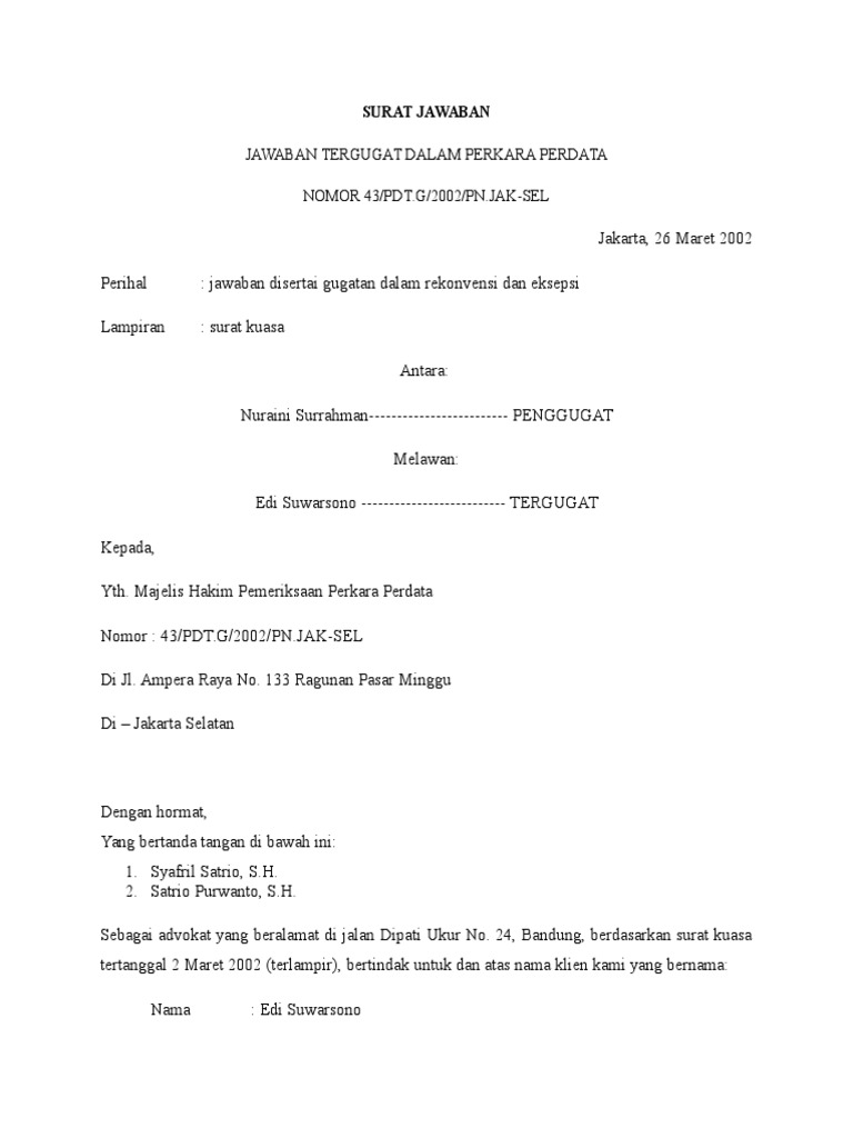 SURAT JAWABAN Disertai Eksepsi Dan Rekonvensi | PDF