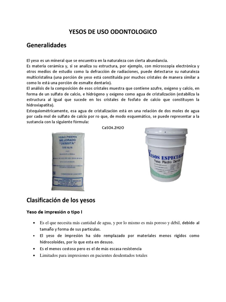 Proporciones y propiedades del yeso odontológico | PDF | Yeso | Agua