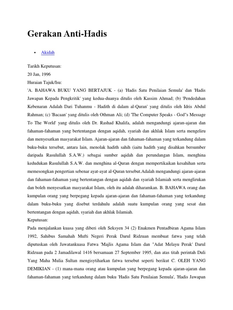 Fatwa Terhadap Gerakan Anti-Hadis | PDF | Ilmu Sosial
