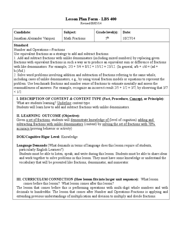 Fractions Lesson Plan | PDF | Fraction (Mathematics) | Pedagogy