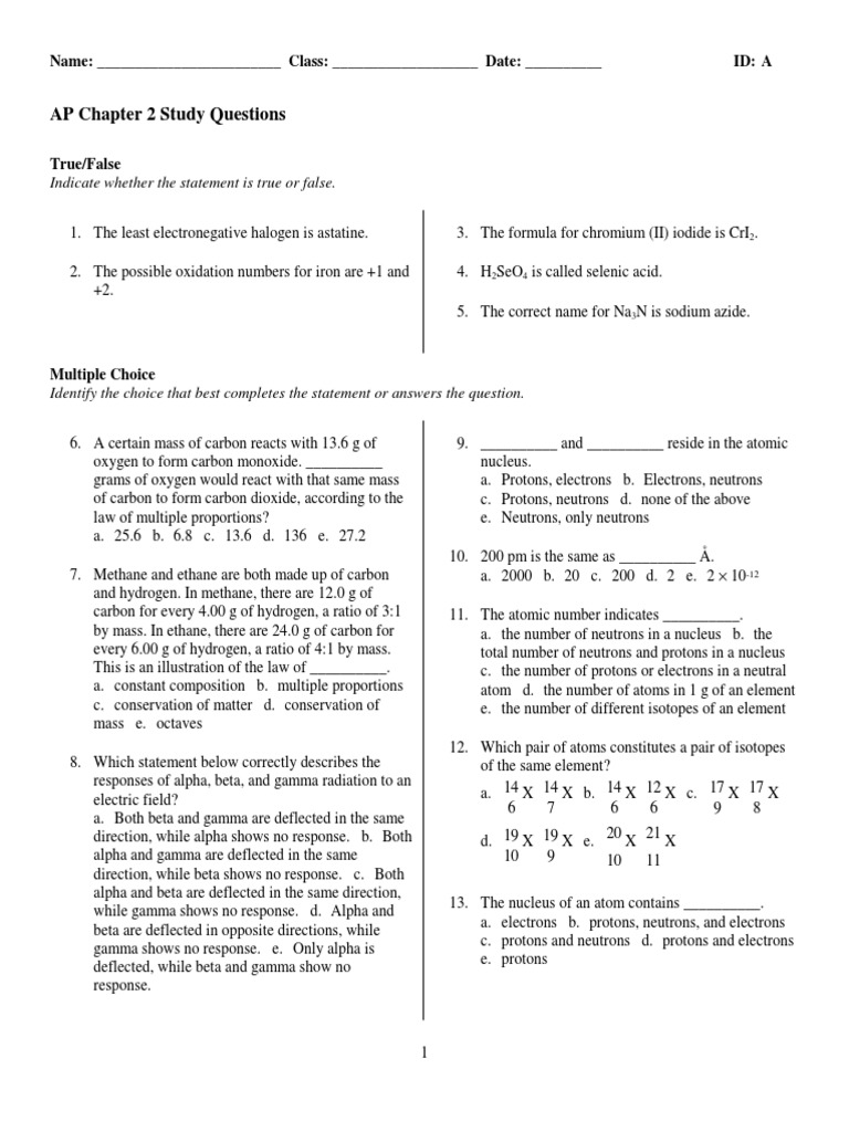 AP Chemistry Chapter 2 Practice Test | PDF | Atoms | Proton
