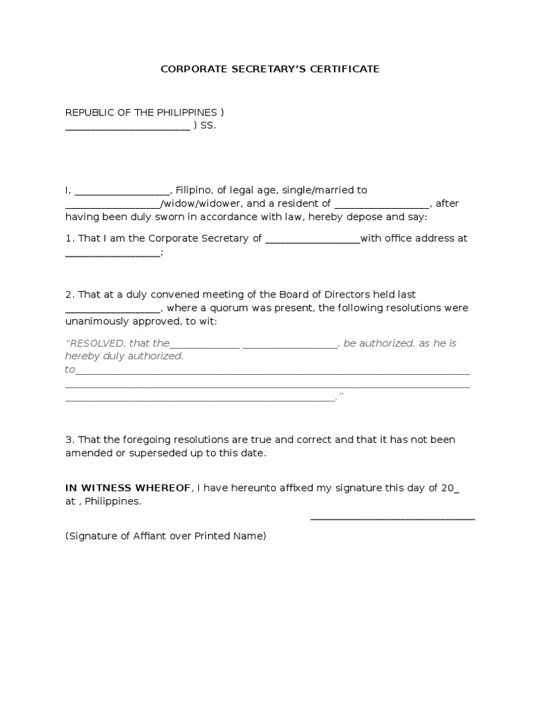 Corporate Secretary Certificate Template