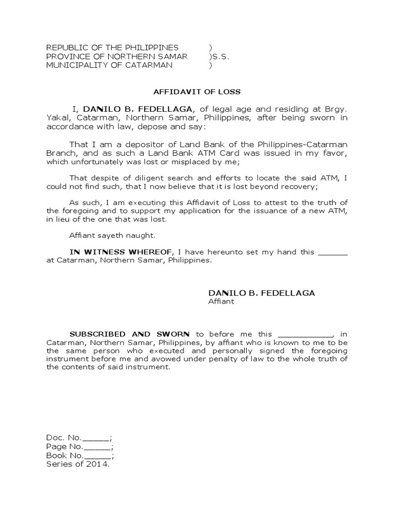 Affidavit of Loss DBP ATM