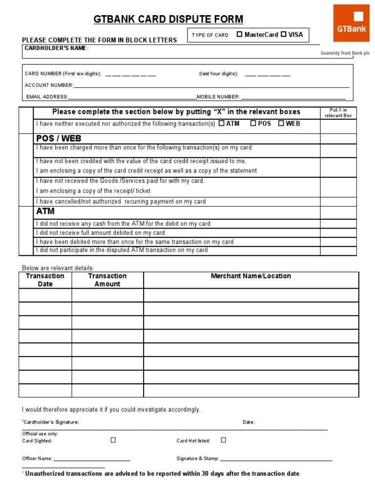 Gtbank Card Dispute Form | Debit Card | Financial Transaction