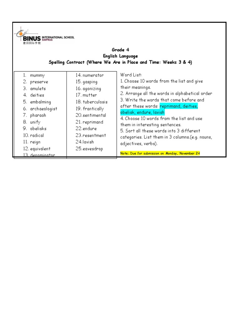 Grade 4 Spelling Contract Weeks 3 & 4 | PDF