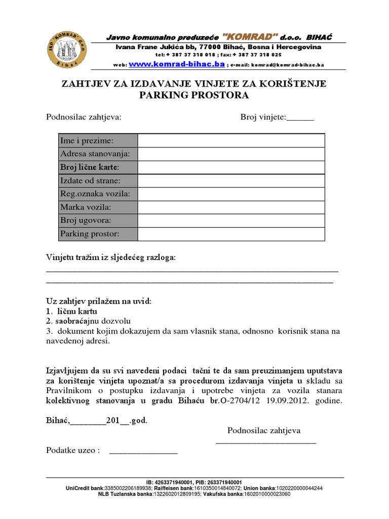 Zahtjev Za Izdavanje Vinjete Fizicko Lice | PDF