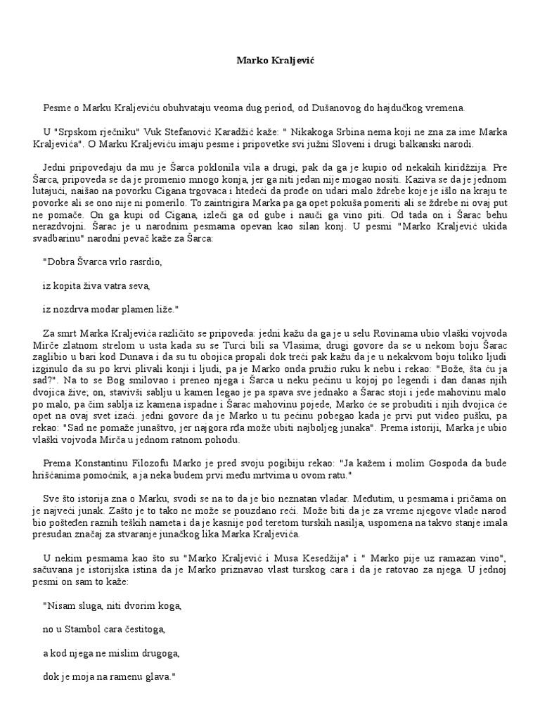 Analiza Lika Kraljevića Marka U Epskim Pesmama | PDF
