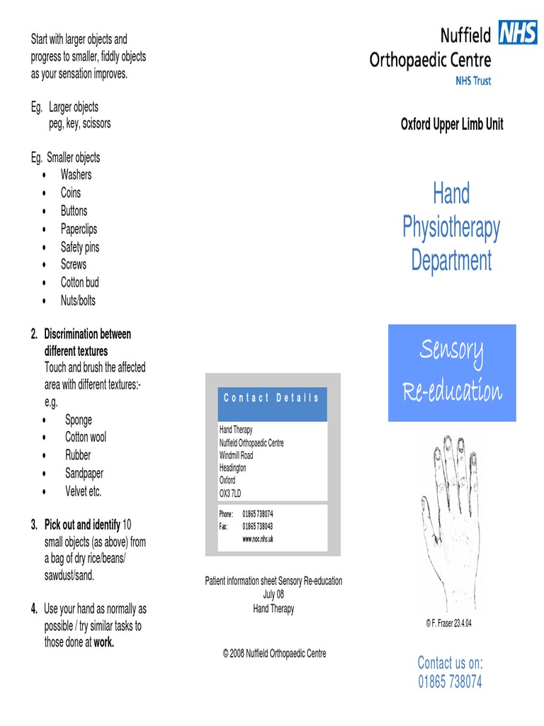 Sensory Re-Education: Hand Physiotherapy Department | PDF | Physical ...