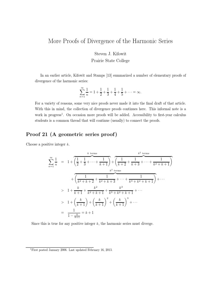 Divergence Proofs of the Harmonic Series | PDF | Series (Mathematics ...