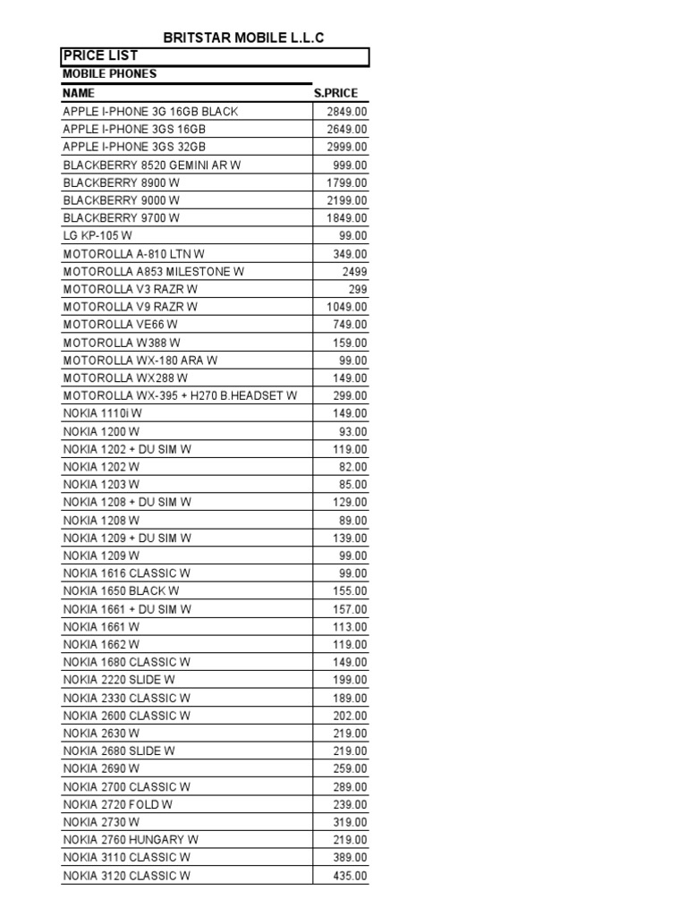 Price List Mobiles | PDF | Videotelephony | Personal Computing