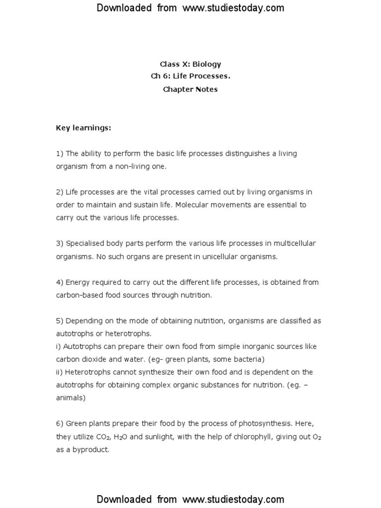 CBSE Class 10 Biology Life Processes Notes | PDF | Digestion | Blood