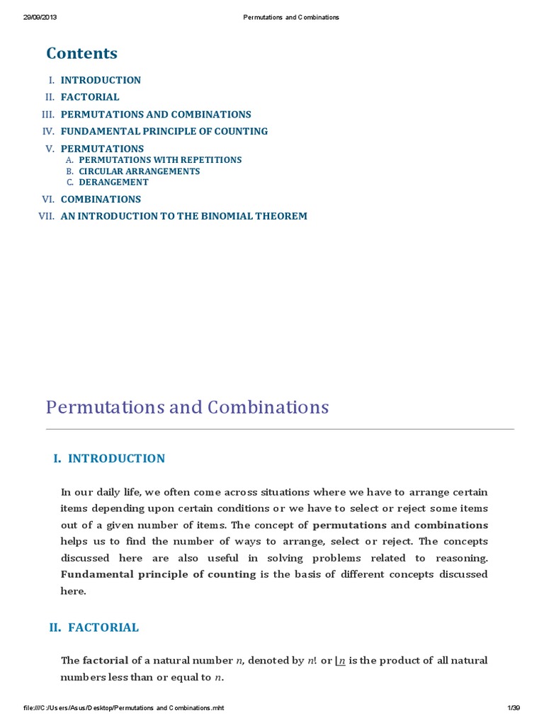 Permutations and Combinations | PDF | Permutation | Line (Geometry)