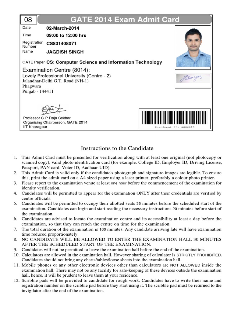 GATE 2014 Exam Admit Card: Examination Centre (8014) | PDF | Identity Document | Access Control