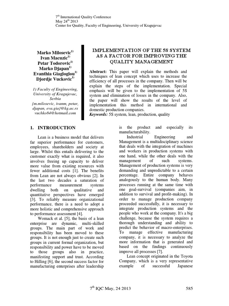 Implementation of The 5S System As A Factor For Improving The Quality Management PDF | Download ...