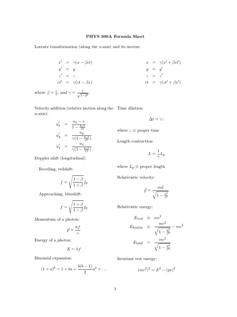 Physics 300A Modern Physics Formulas | PDF