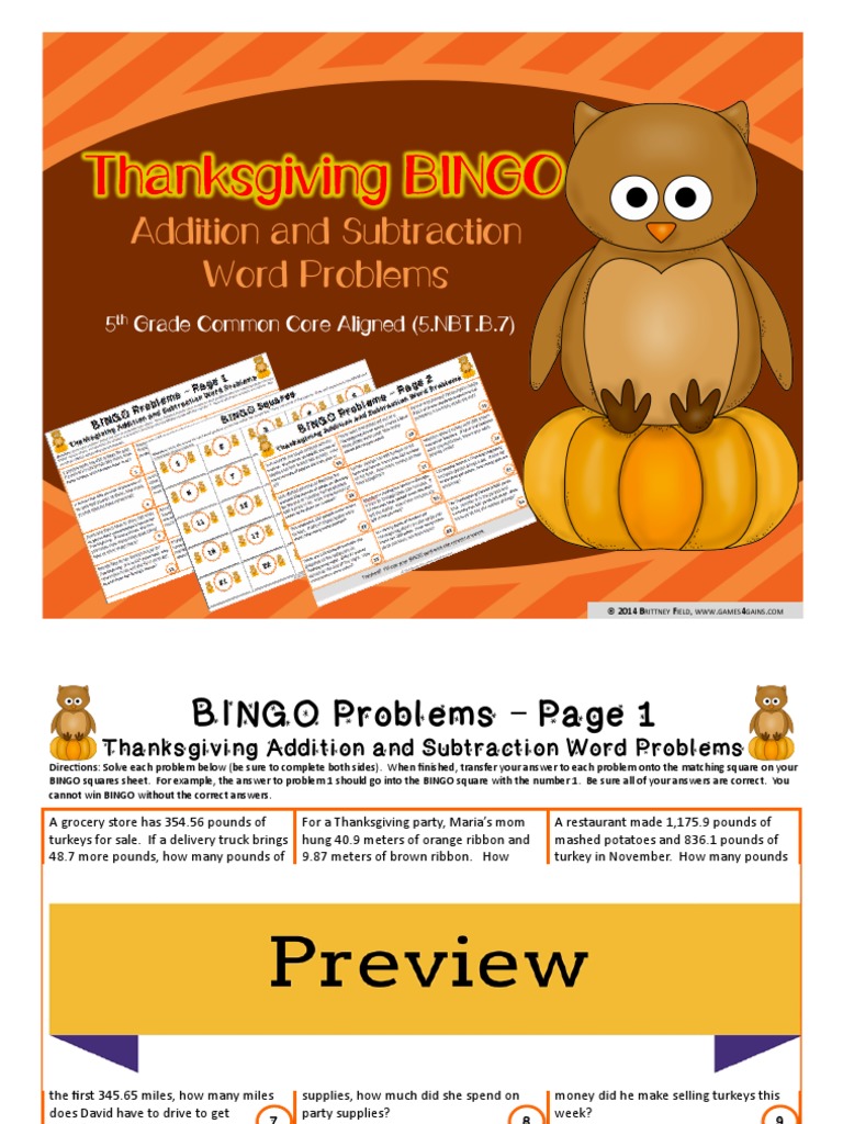 Bingo - Thanksgiving Addition and Subtraction 5th Preview | PDF ...