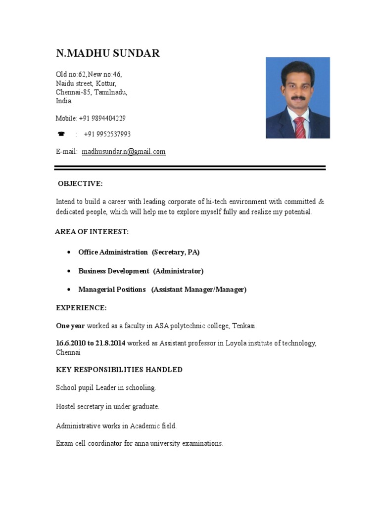 Madhu Resume-Admin New | PDF | Tamil Nadu | Lecture