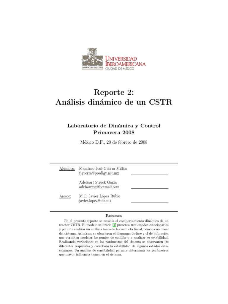 Analisis Dinamico de Un Reactor CSTR Con Codigo en Matlab de La Resolucion de Las Ecuaciones ...