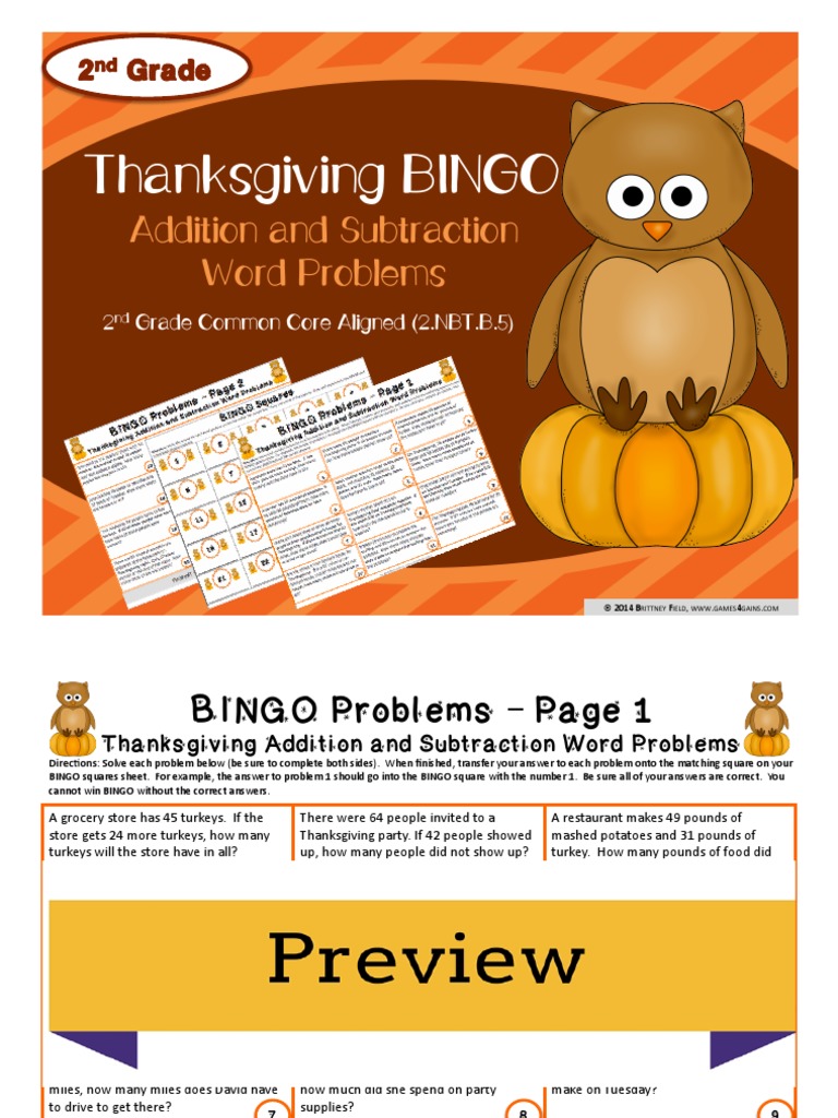 Bingo - Thanksgiving Addition and Subtraction 2nd Preview | PDF ...