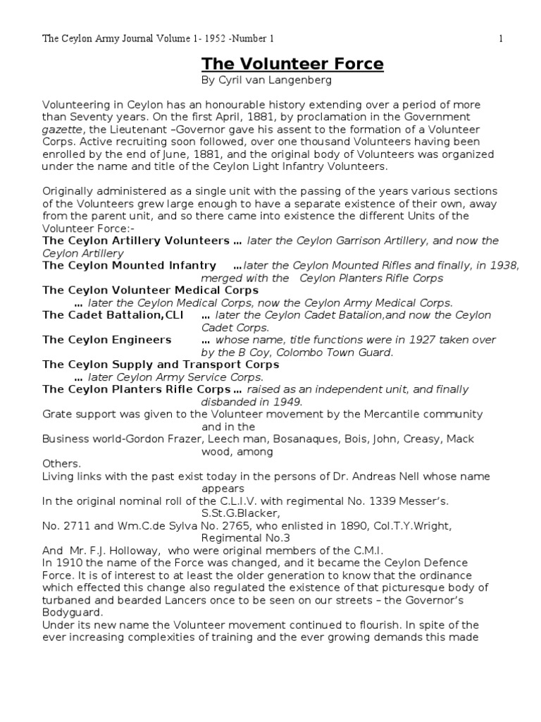 History of Ceylon Volunteer Force | PDF | Corps | Army