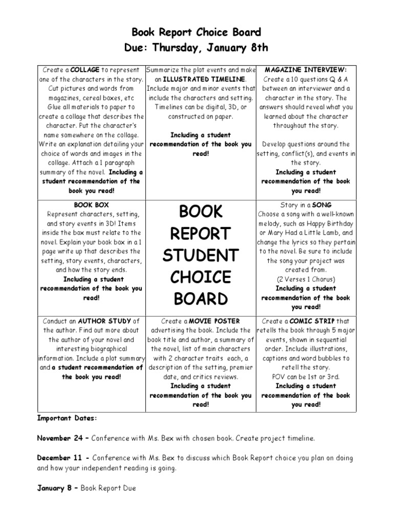 Book Report Choice Board | PDF | Collage | Books