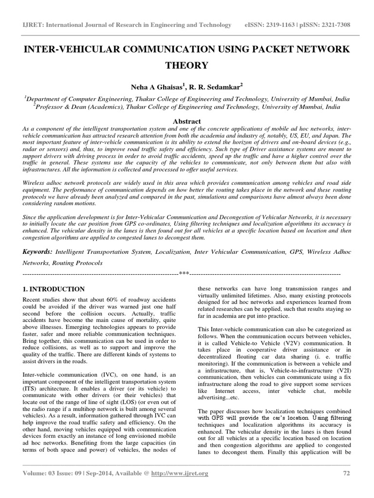 Inter-Vehicular Communication Using Packet Network Theory | PDF | Wireless Ad Hoc Network | Traffic