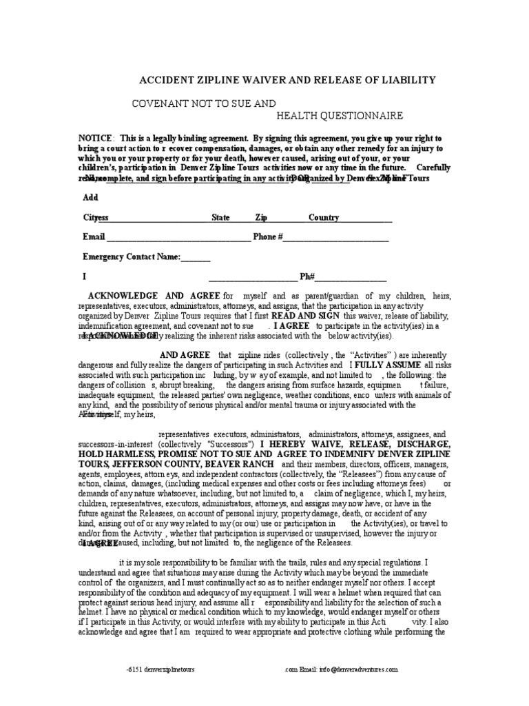 Zipline Accident Waiver and Release of Liability | PDF | Indemnity ...