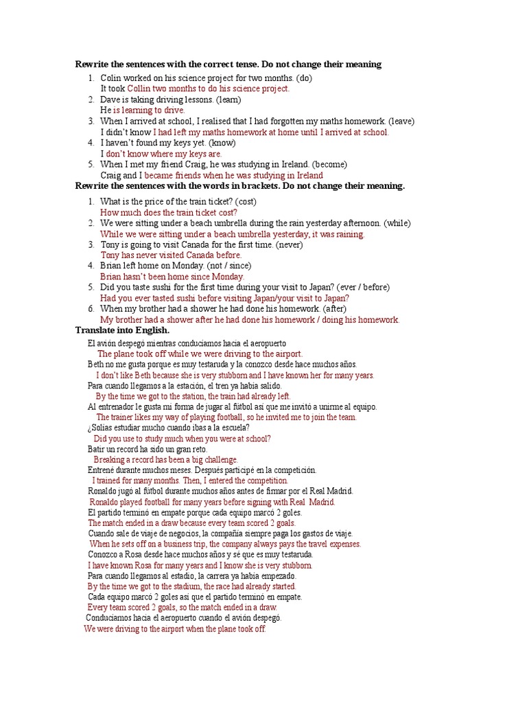 Rewrite The Sentences With The Correct Tense | PDF