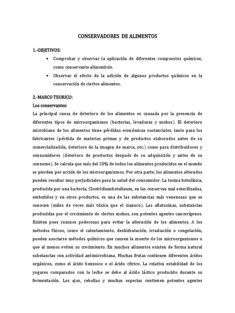 Conservadores de Alimentos: Tipos y Usos | PDF | Química | Comida y bebida