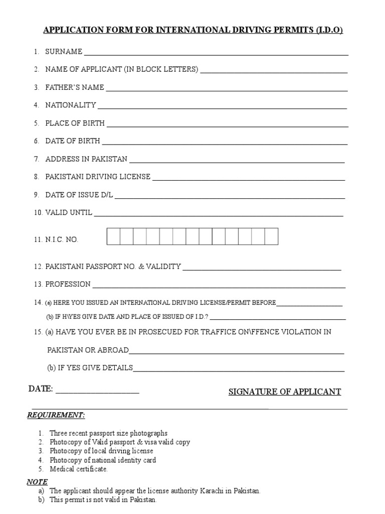 Application Form For International Driving Permits (I.D.O) : DATE ...