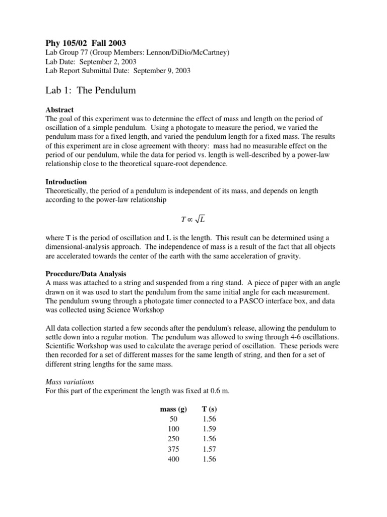 Phy 105 Lab Sample | PDF | Pendulum | Power Law
