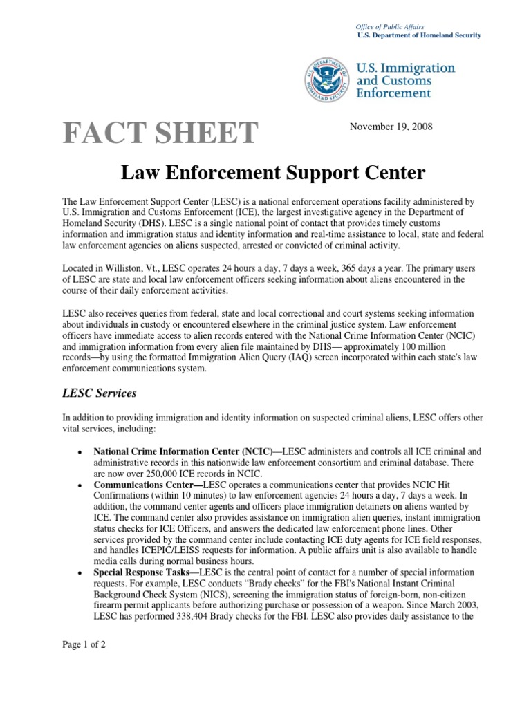 ICE Fact Sheet - Law Enforcement Support Center (LESC) (11/19/08) | PDF ...