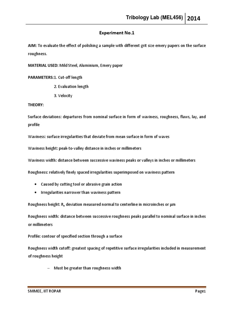 Experiment No.1: Tribology Lab (MEL456) | PDF | Wear | Surface Roughness