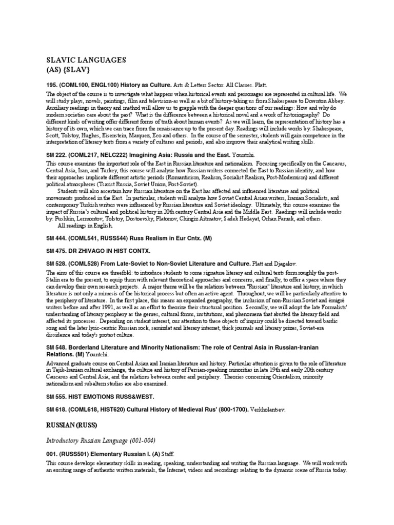 Slavic Languages (AS) (SLAV) : Russian (Russ) | PDF | Russian ...