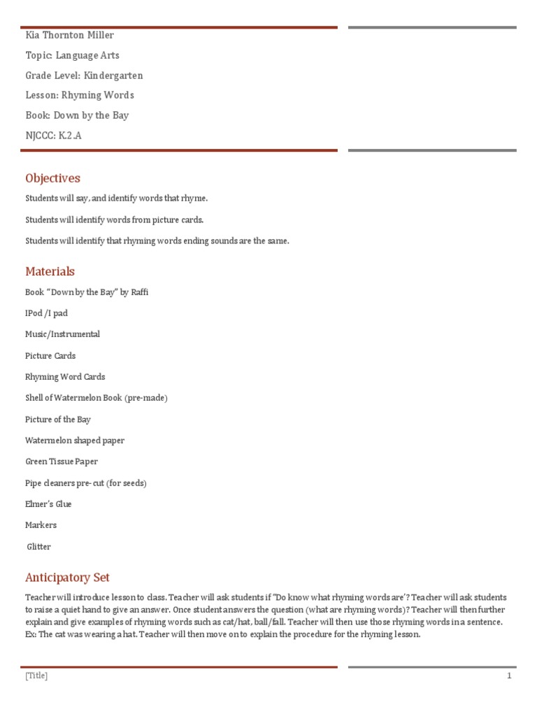 Lesson Plan Rhyming Words | PDF | Educational Assessment | Classroom