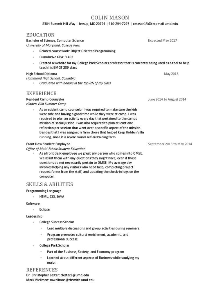 Colin Mason's Computer Science Resume | PDF | Career & Growth | Social ...