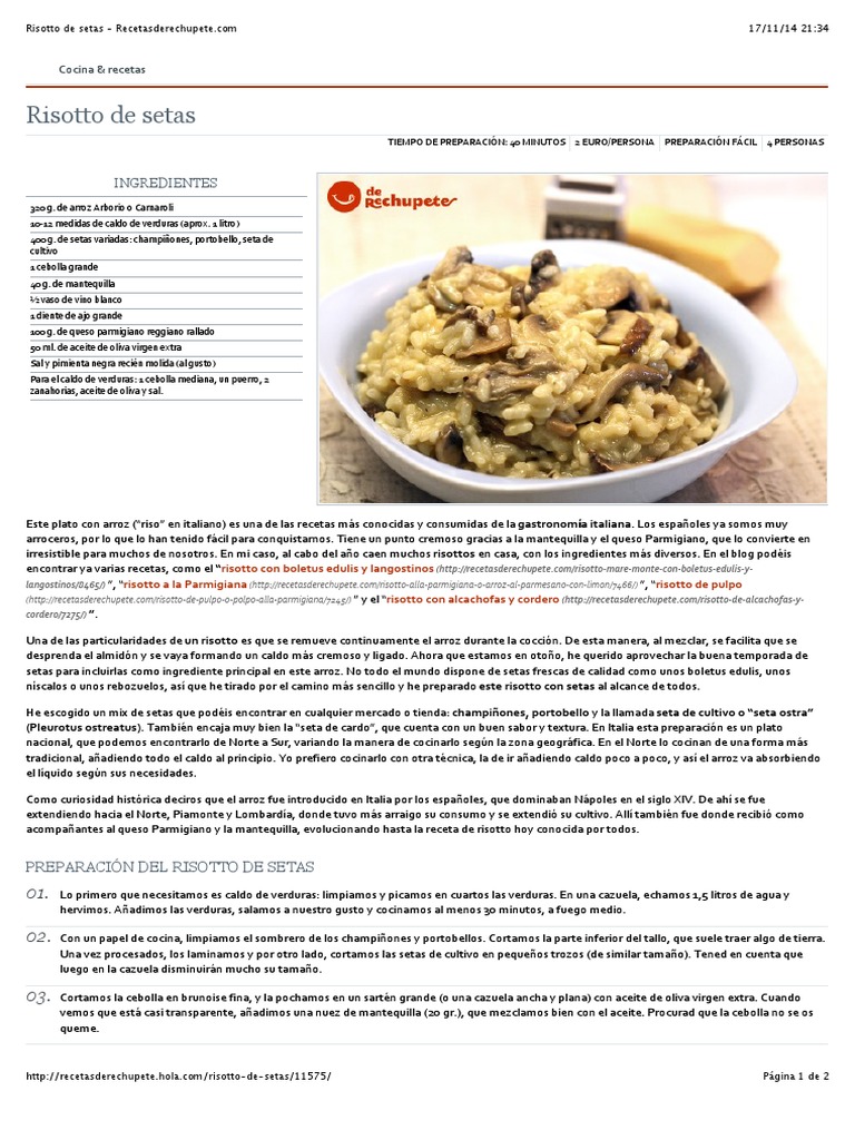 Risotto de Setas | PDF | Arroz | Parmigiano Reggiano