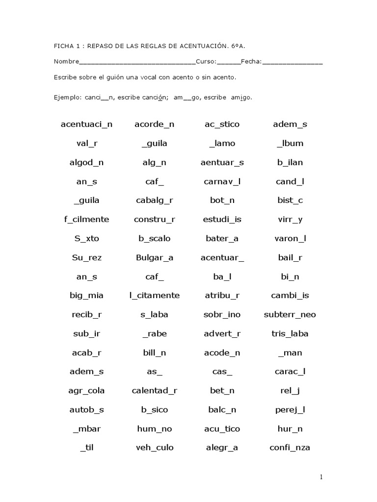 Fichas 1 2 y 3 de Repaso de Las Reglas de Acentuación