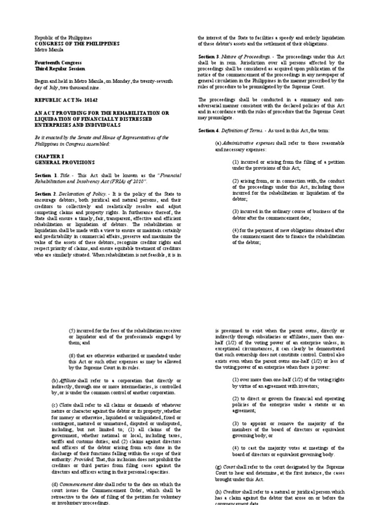 Financial Rehabilitation Act 2010 | PDF | Bankruptcy | Receivership