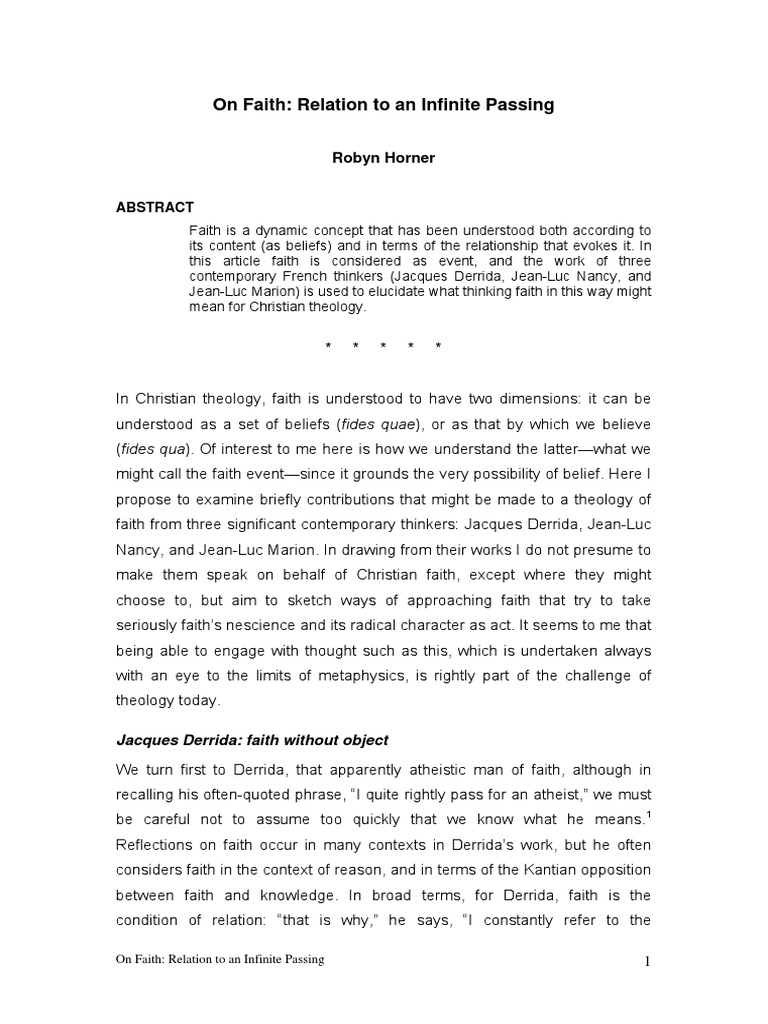 On Faith: Relation To An Infinite Passing: Robyn Horner | PDF | Faith ...