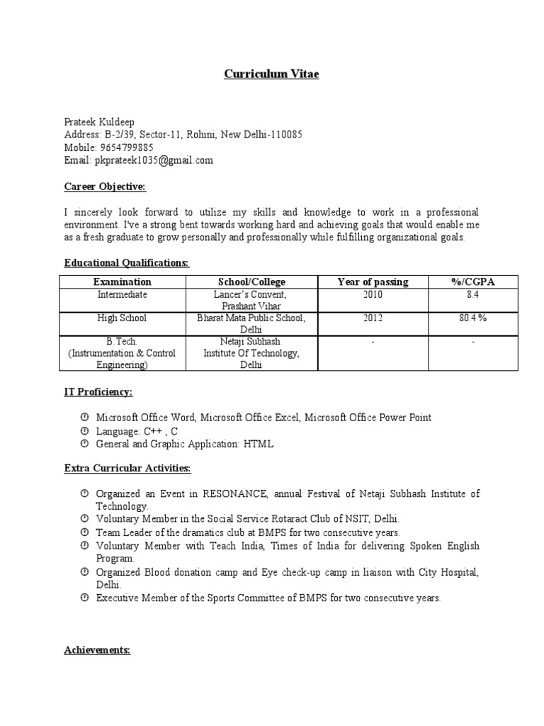 Prateek Kuldeep's CV: Skills & Achievements | PDF