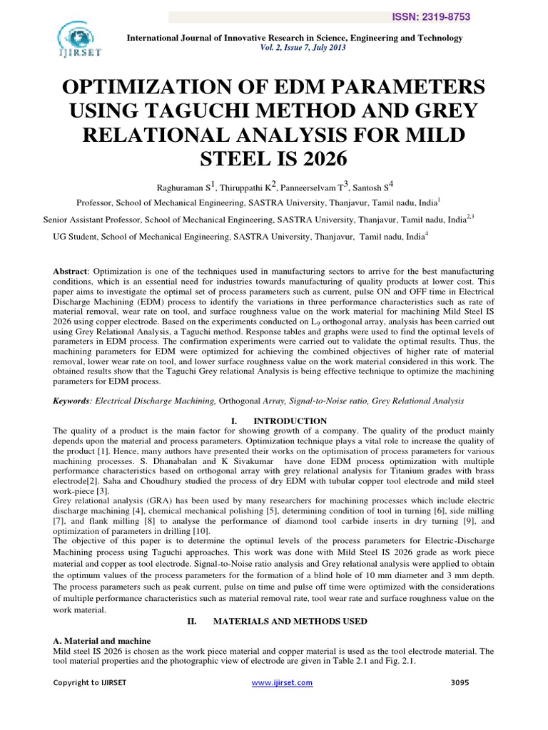 Optimization of Edm Parameters Using Taguchi Method and Grey Relational Analysis For Mild Steel ...