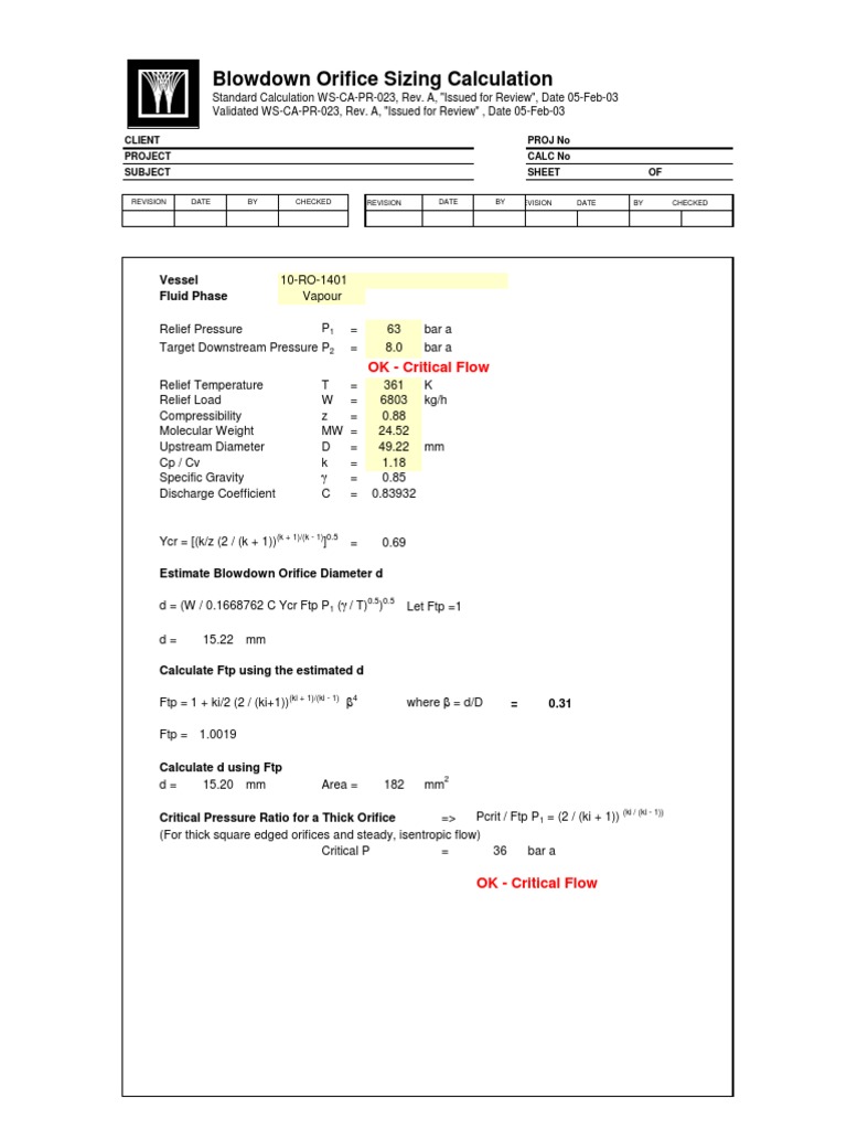 Blowdown Orifice Sizing Calculation | PDF