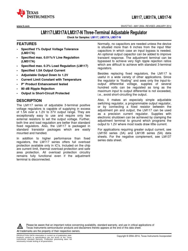 LM117/LM317A/LM317-N Three-Terminal Adjustable Regulator: Features ...