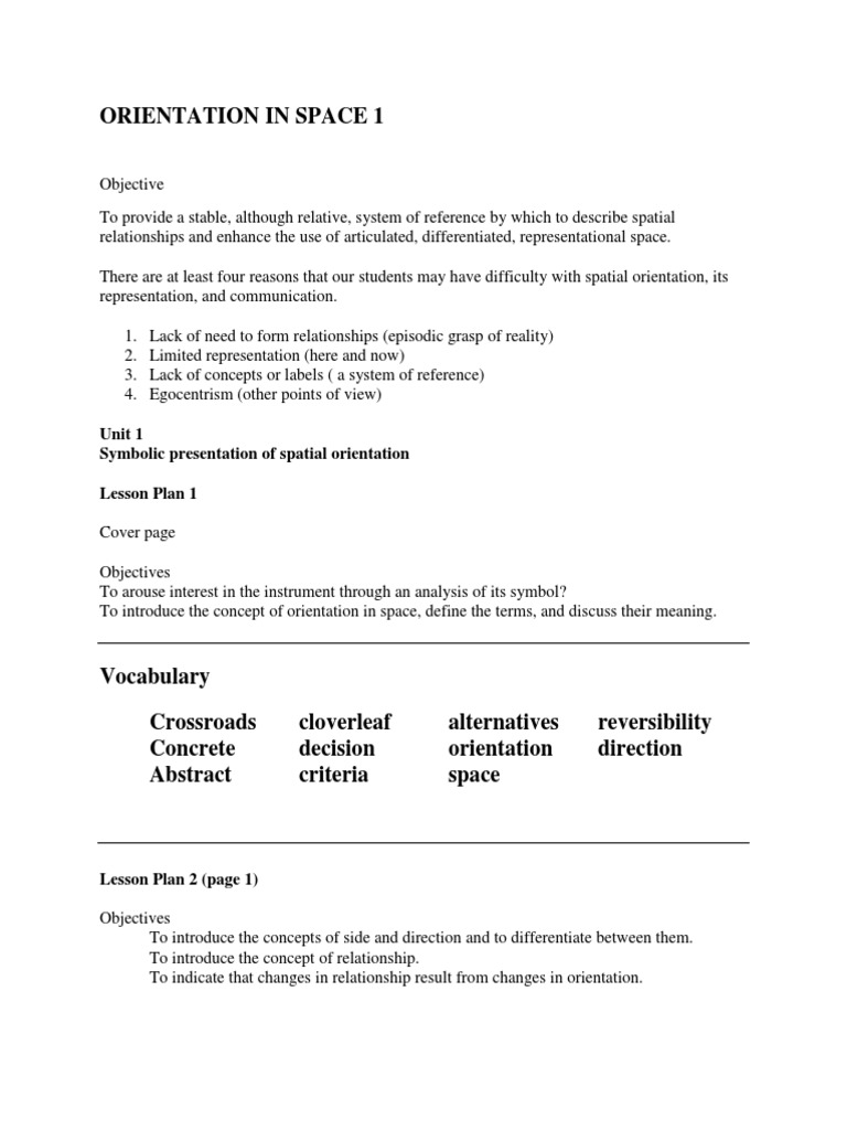 Class 1 Spatial Orientation Lesson Plan | PDF | Concept ...