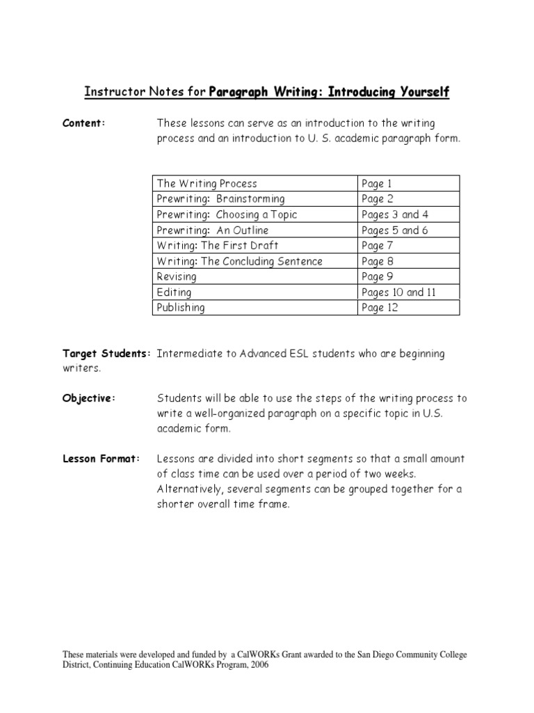 Instructor Notes For Paragraph Writing: Introducing Yourself | PDF ...