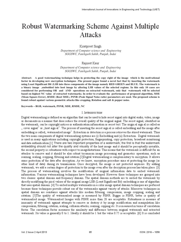 Robust Watermarking Scheme Against Multiple Attacks | PDF | Digital Signal Processing | Applied ...